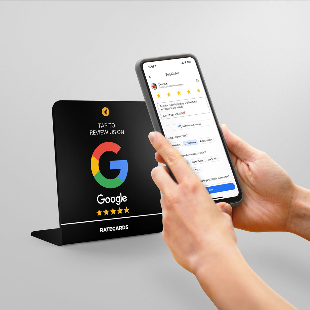 Google Review Stand Black — Tap to Review | RATECARDS™